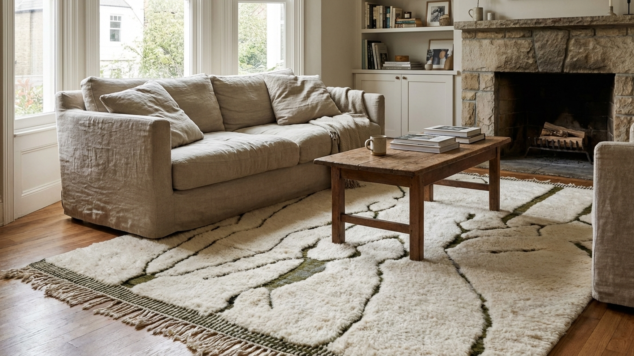 Moroccan Rug Beni Ourain 7x10 Wool Ivory Olive Green Minimalist Living ...