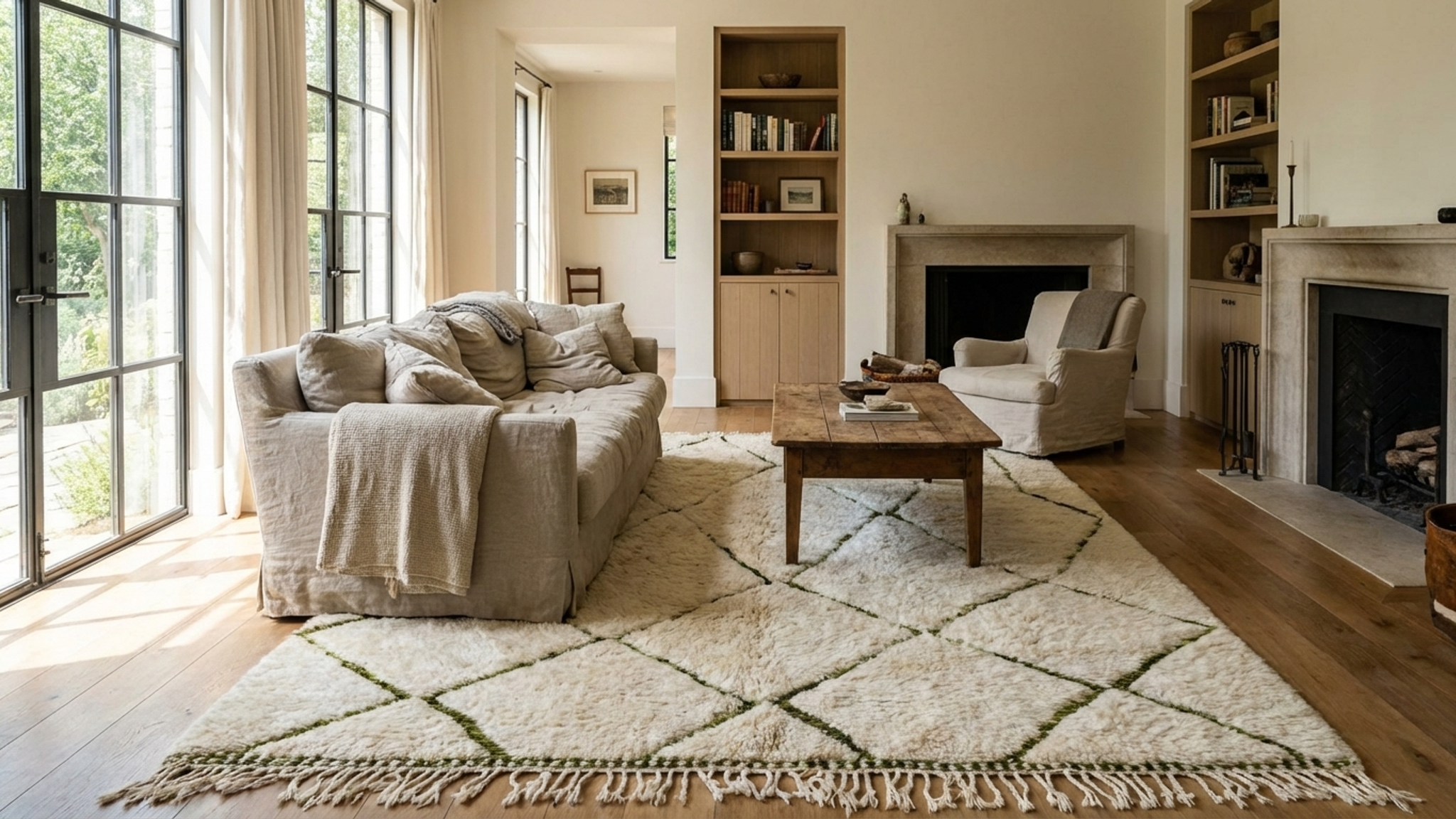 Moroccan Rug Beni Ourain 7x10 Wool Cream Ivory Olive Green Minimalist ...